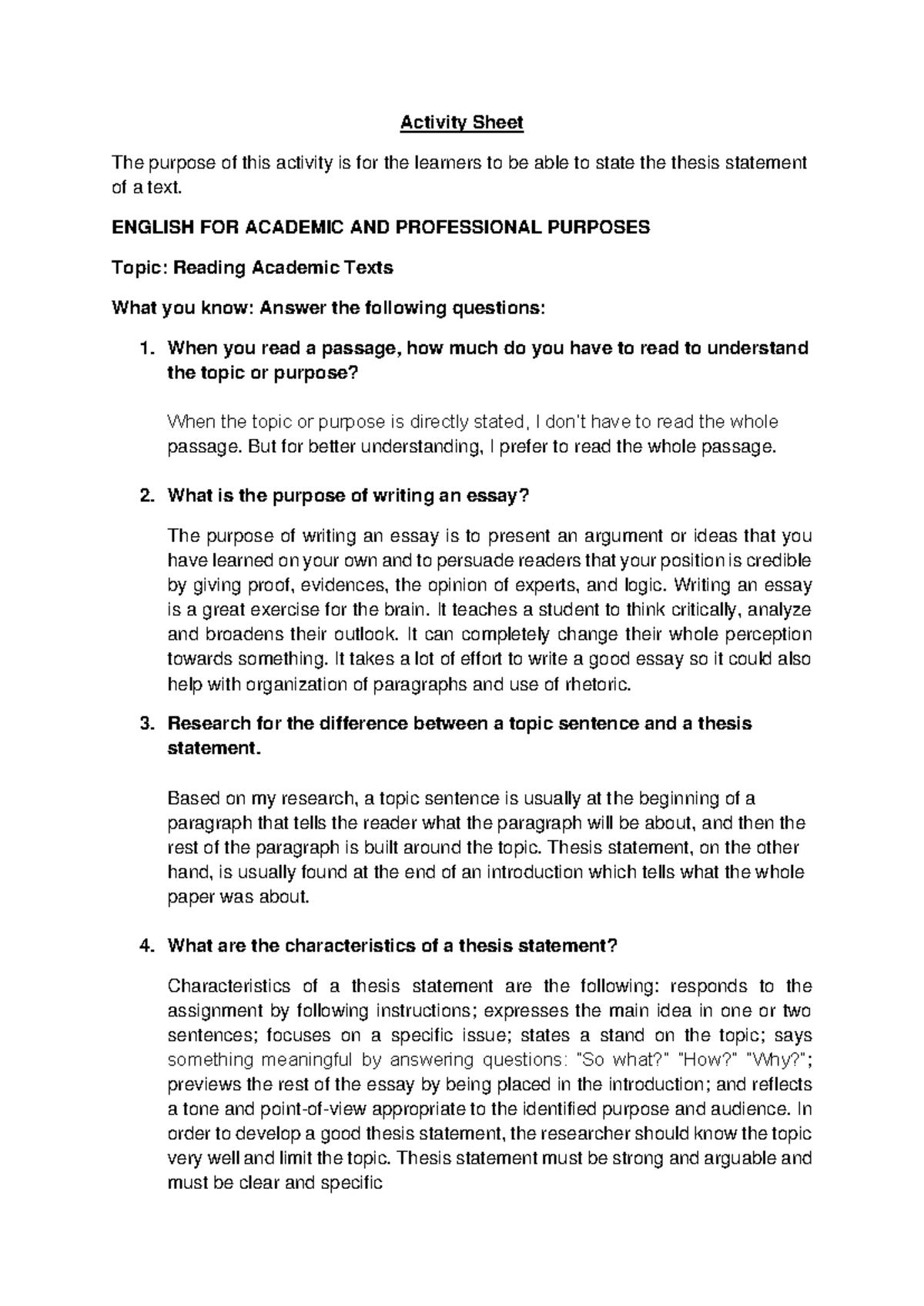 EAPP - Thesis Statement Activity Sheet for Academic Texts - Studocu