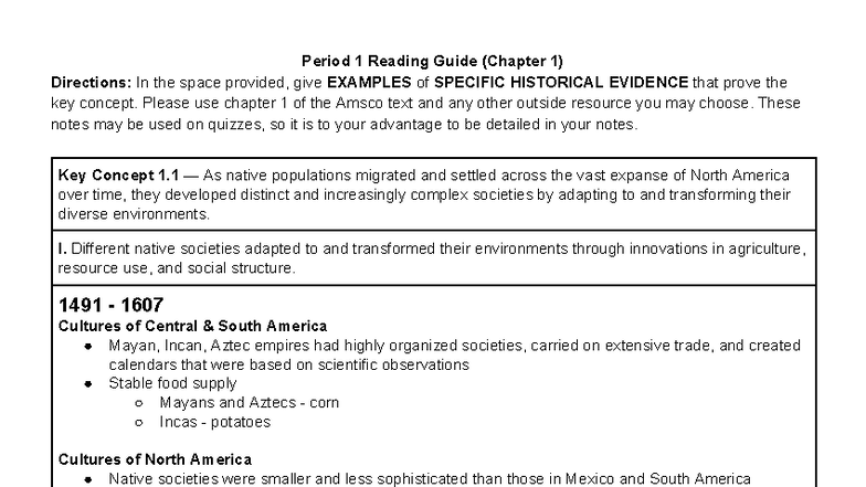 Period 1 Reading Guide (Chapter 1) - Key Concepts & Historical Evidence ...