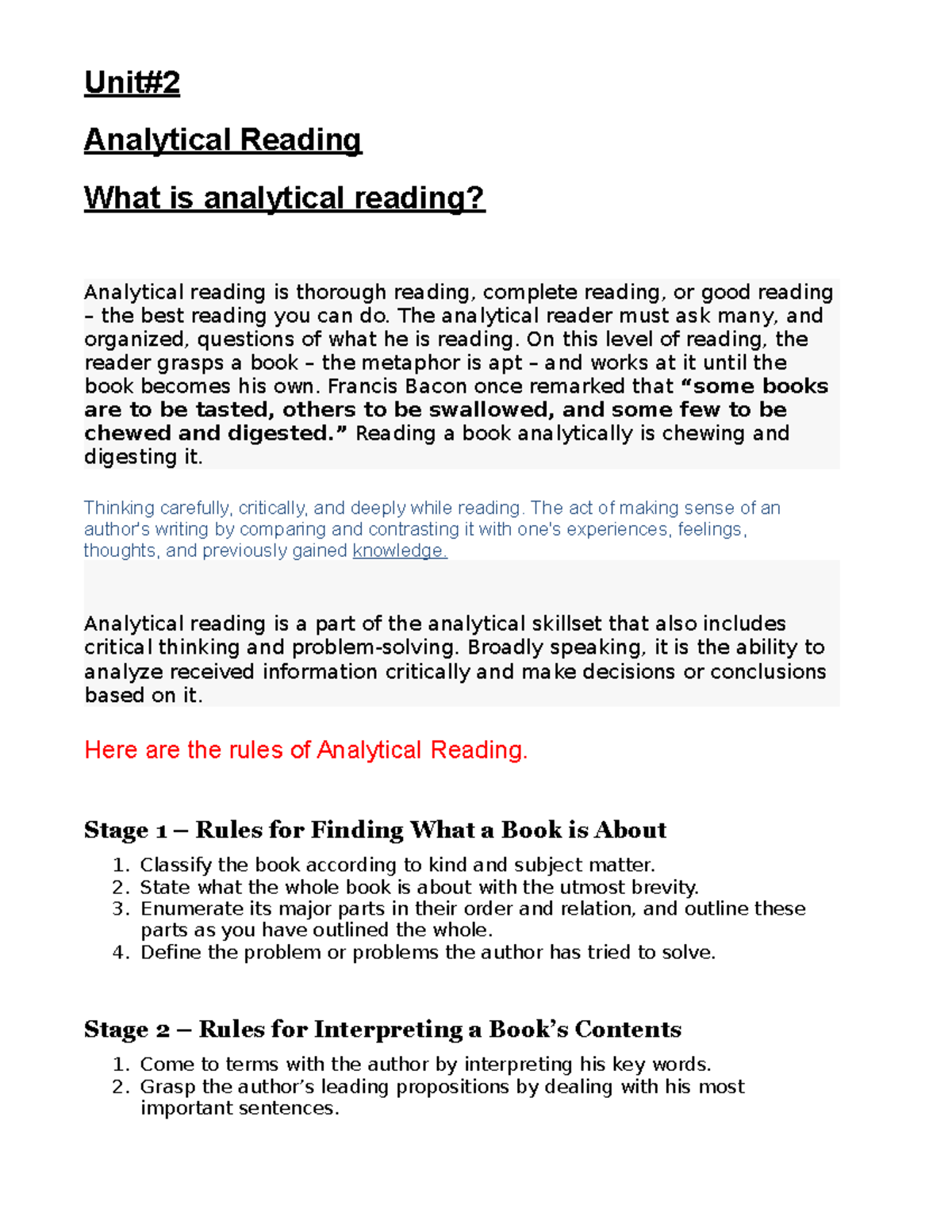 Analytical reading - gerhrre - Unit# Analytical Reading What is ...