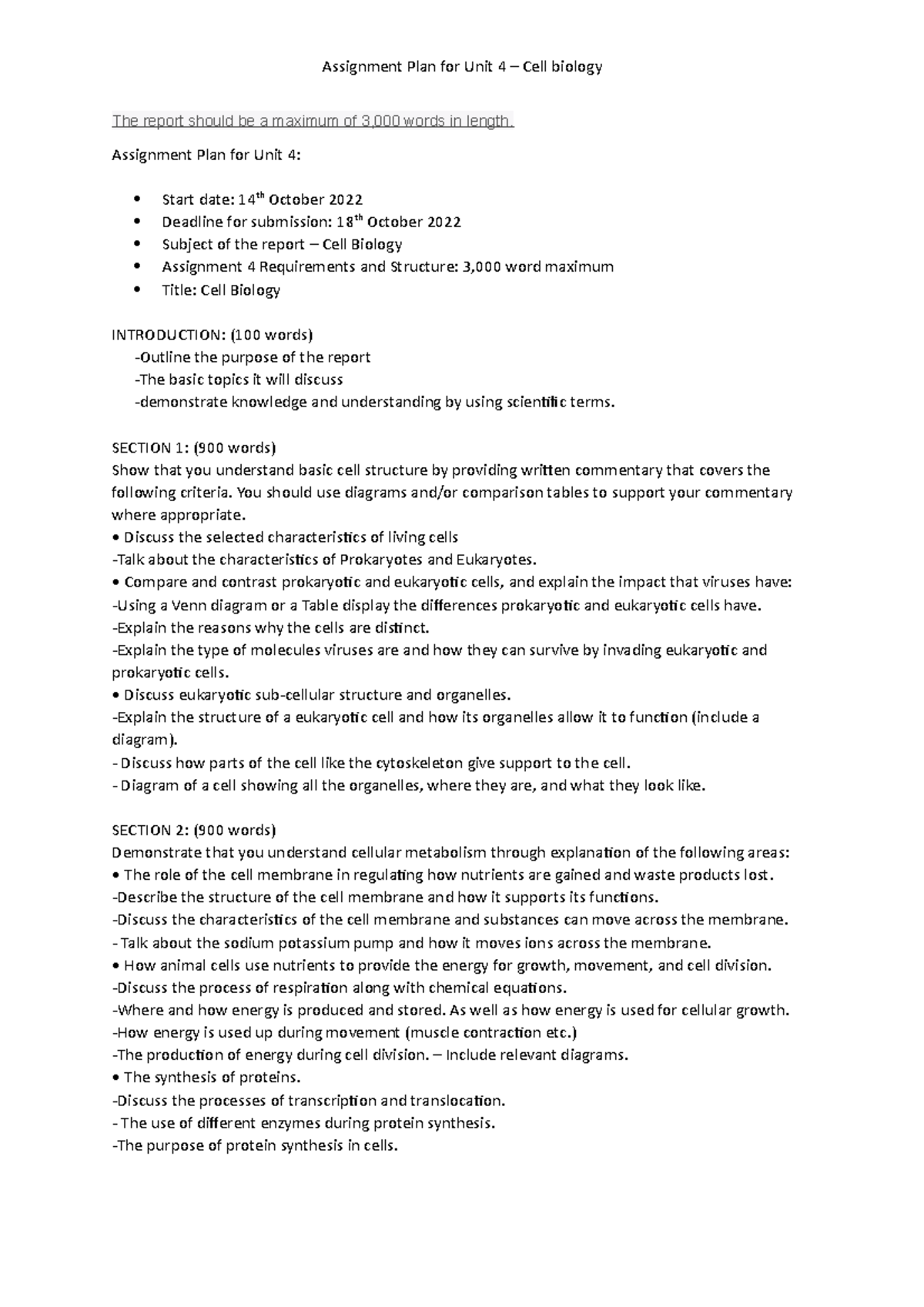 Unit 4 Assignment Plan: Cell Biology Timetable and Guidelines - Studocu