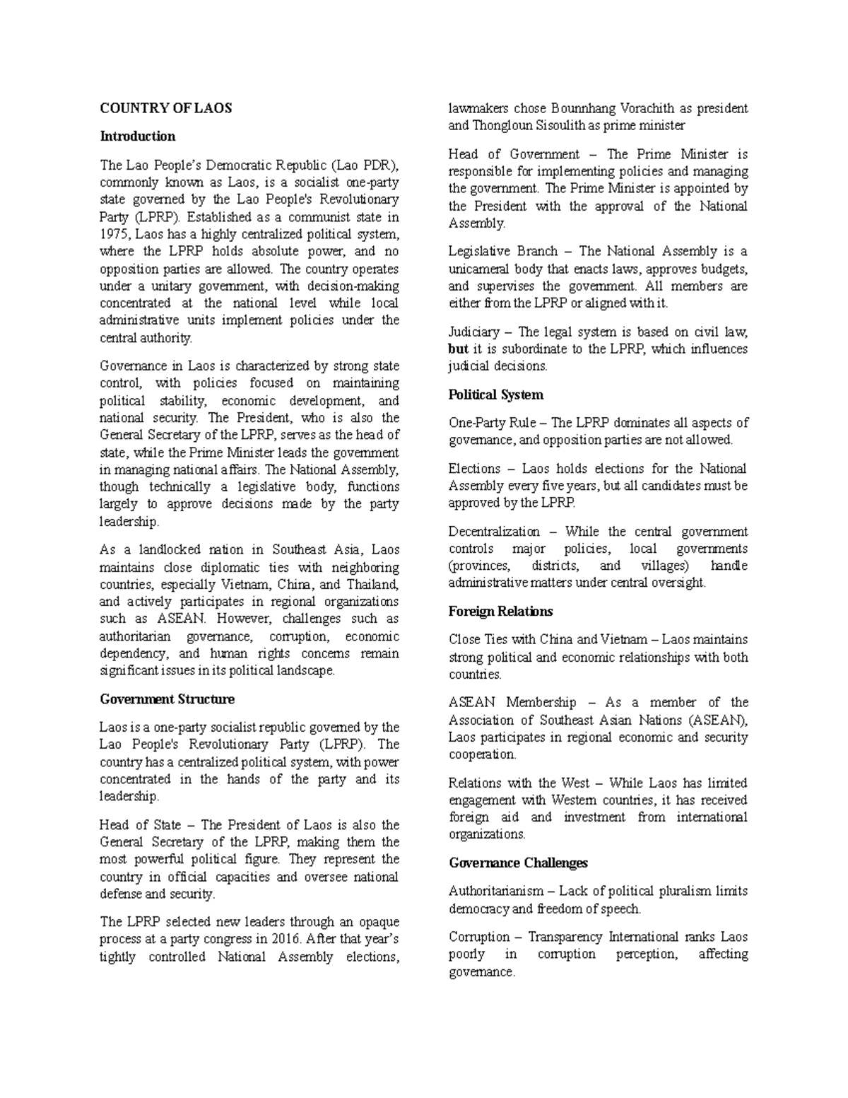 LAOS: Political Structure and Governance in ASEAN Context - Studocu