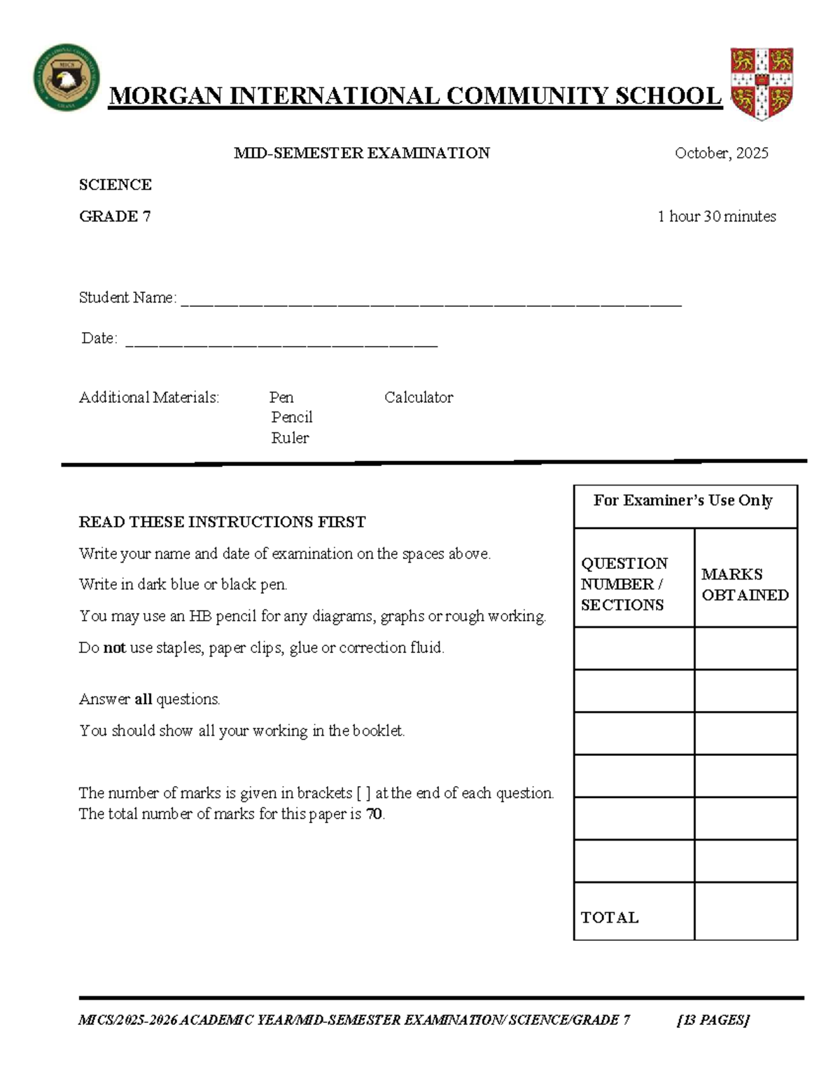 Grade 7 Science Exam - Morgan International Community School, Oct 2025 ...