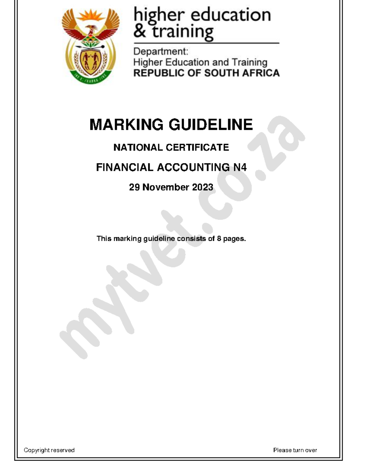 FNN4 Marking Guideline Memo - Financial Accounting N4, Nov 2023 - Studocu