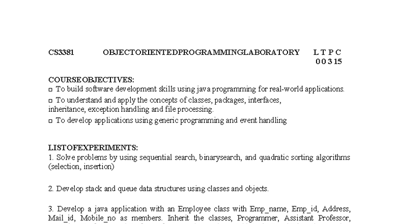 CS3381 OBJECT ORIENTED PROGRAMMING LAB MANUAL - EXPERIMENTS & OUTCOMES - Studocu