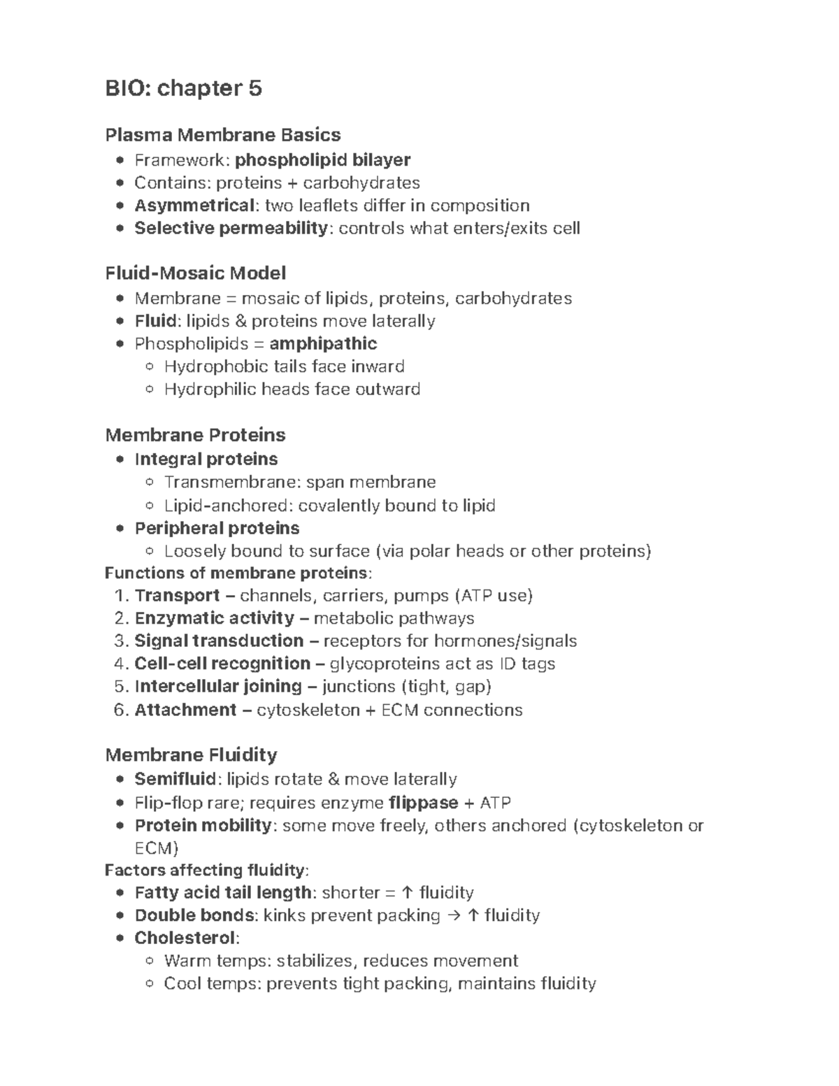 BIO: Chapter 5 - Plasma Membrane Study Notes for Exam 1 - Studocu
