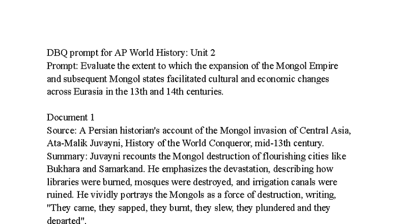 DBQ 1: Mongol Empire's Impact on Eurasian Culture & Economy - Studocu
