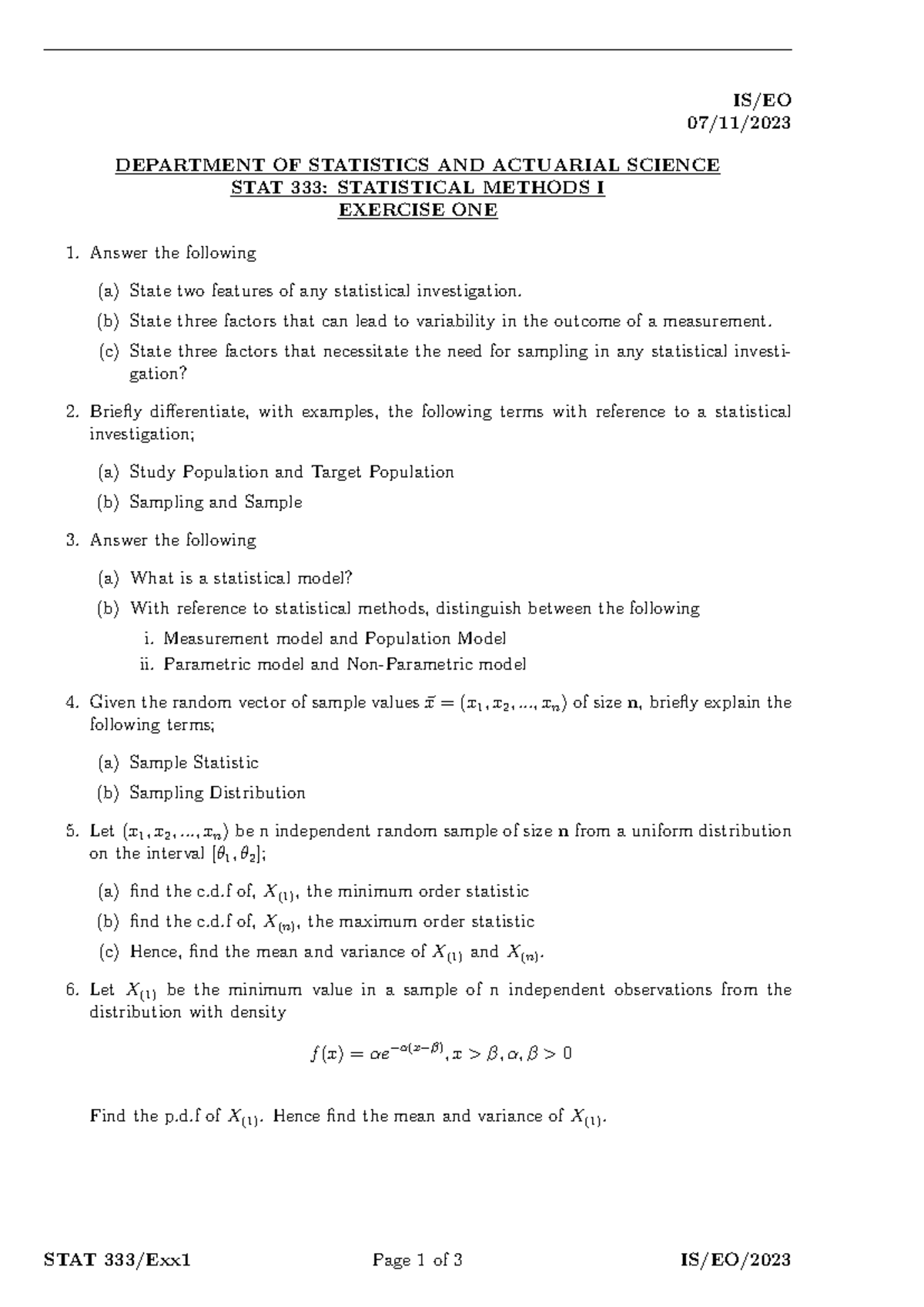 STAT 333: Statistical Methods I - Exercise One Solutions - Studocu