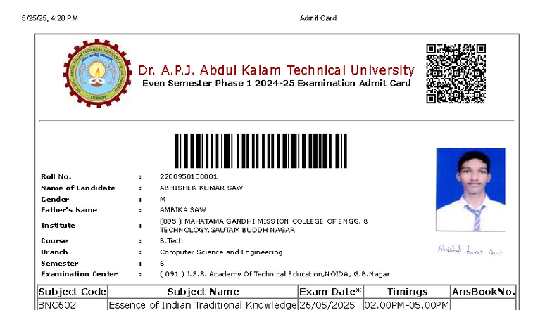 B.Tech CSE 6th Sem Admit Card - Dr. A.P.J. Abdul Kalam University - Studocu