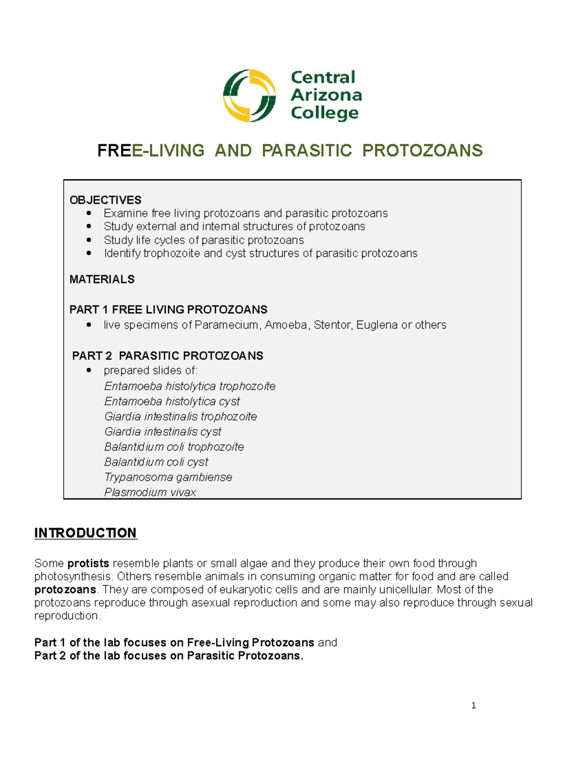 16.Biology Lab Study: Free-Living & Parasitic Protozoans - Studocu