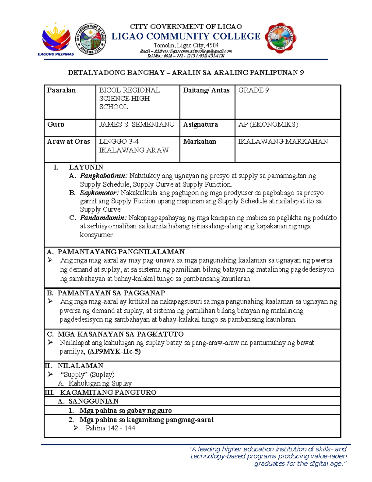 DLP-(Q2-W3-4) Detalyadong Banghay Aralin sa Suplay sa AP 9 - Studocu