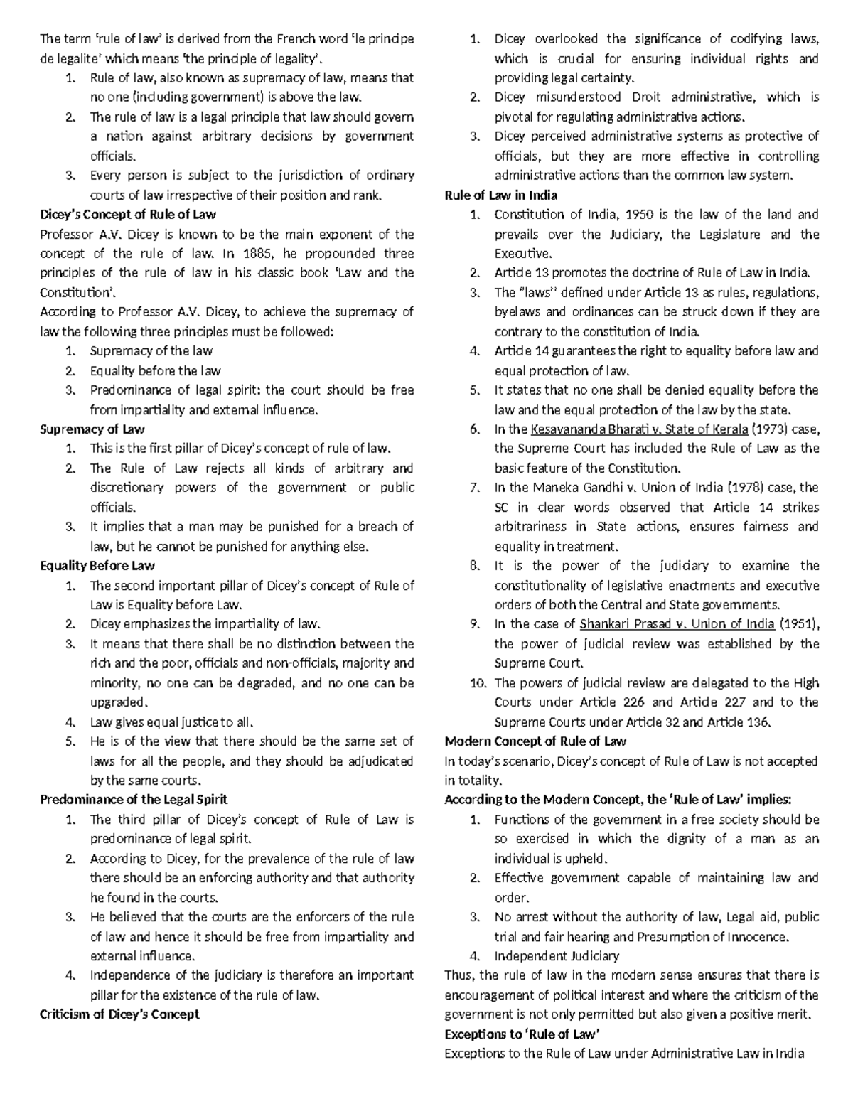 LAW NOTES: Understanding Dicey's Concept of 'Rule of Law' - Studocu
