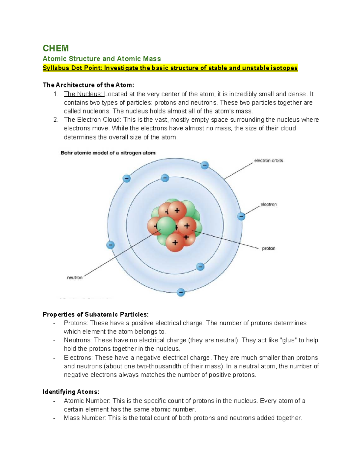 CHEM Atomic Structure & Isotopes: Key Concepts and Notes - Studocu