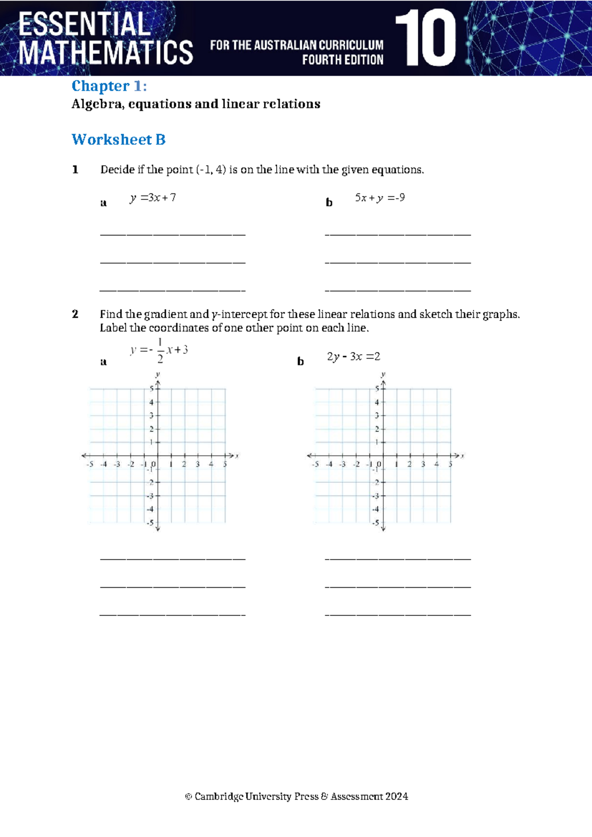 Chapter 1: Algebra & Linear Relations Worksheet B (Assessment 2024 ...