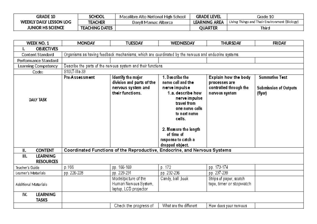 Grade 10 DLLQ3 - GRADE 10 WEEKLY DAILY LESSON LOG JUNIOR HS SCIENCE ...