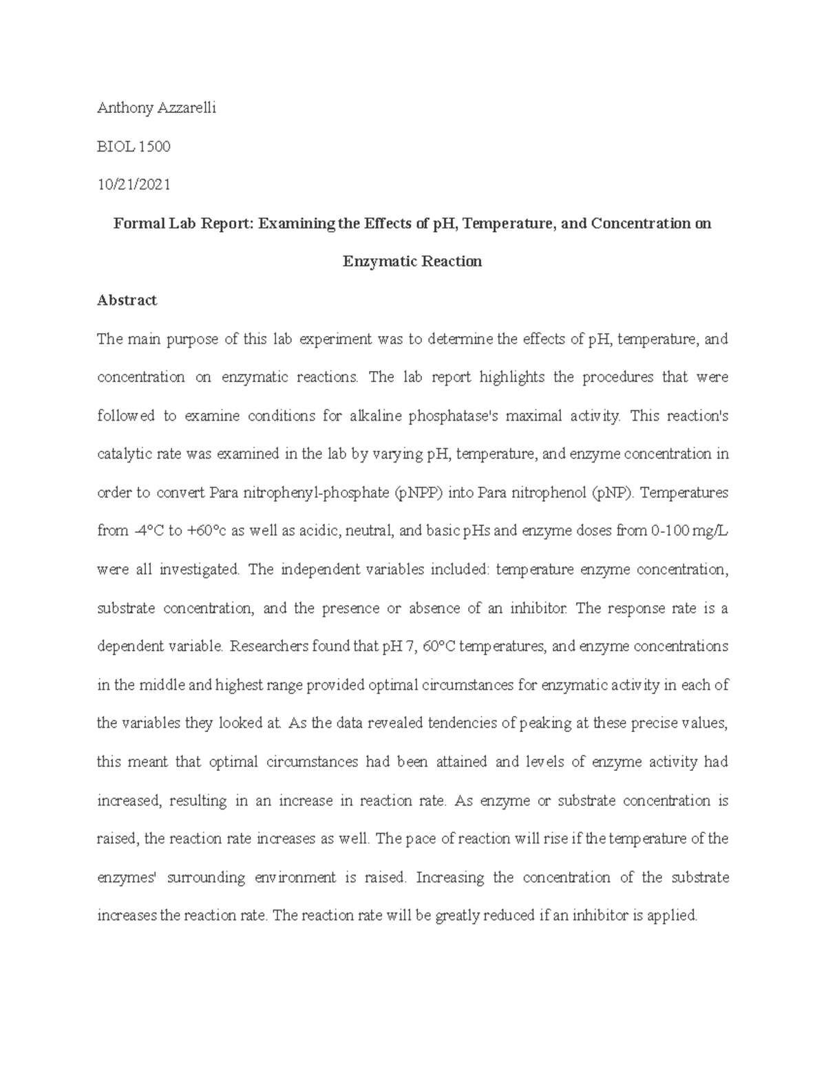 Formal Lab Report: Effects of pH, Temp & Conc on Enzymatic Activity ...