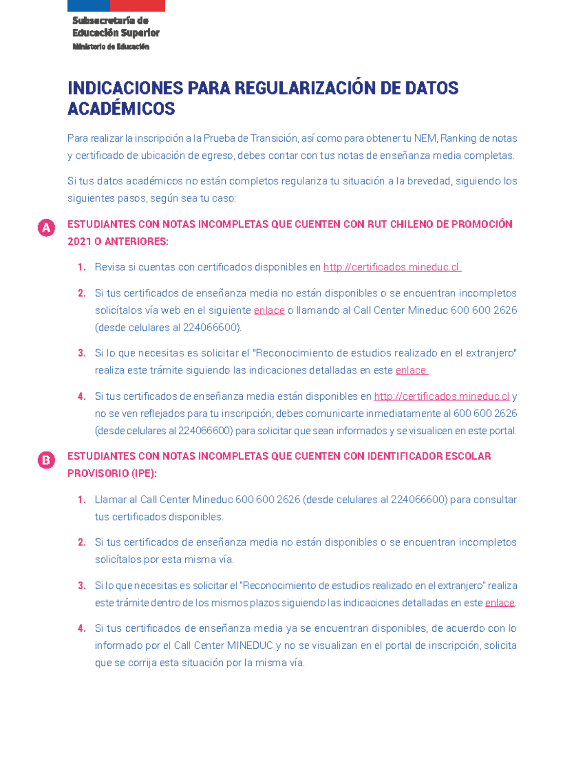 Indicaciones para Regularización de Datos Académicos - Prueba de ...