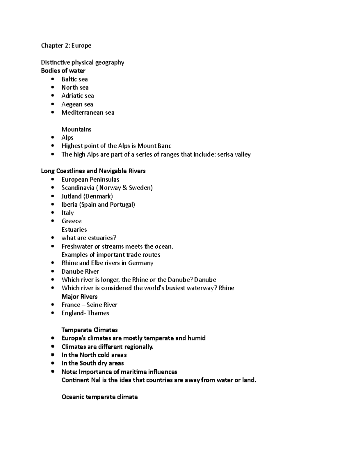 Chapter 2 - notes - Chapter 2: Europe Distinctive physical geography ...