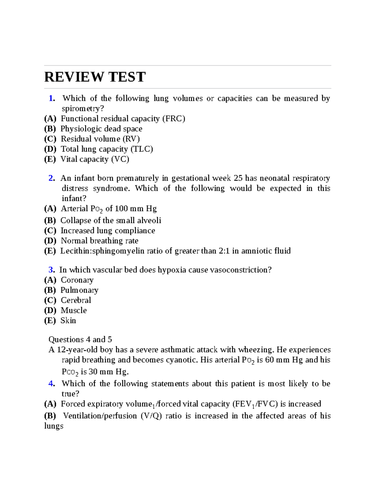 Self Assessment Q&A: Respiratory Physiology Review (Course Code ...