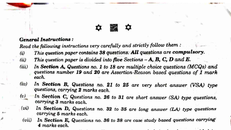 General Instructions for Question Paper: 38 Questions Breakdown - Studocu