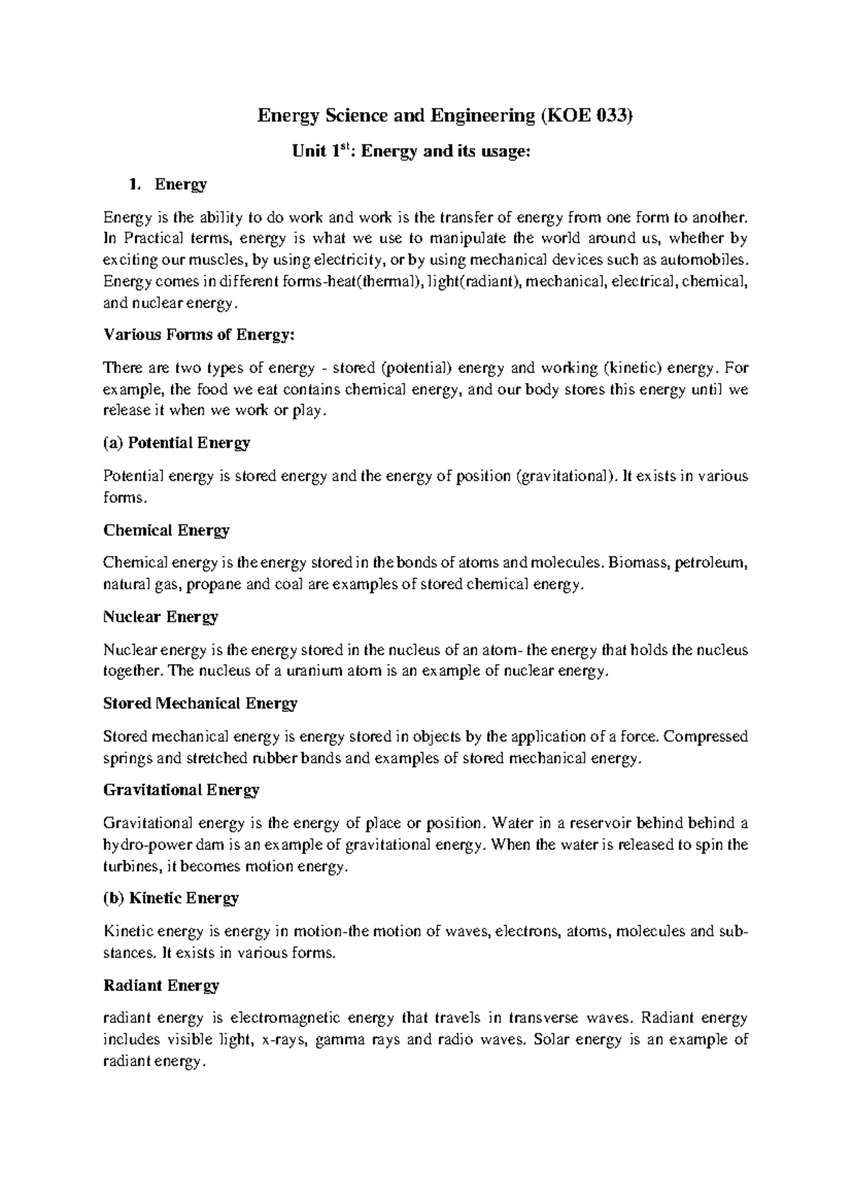 Energy Science unit 1 - Energy Science and Engineering (KOE 033) Unit 1 ...