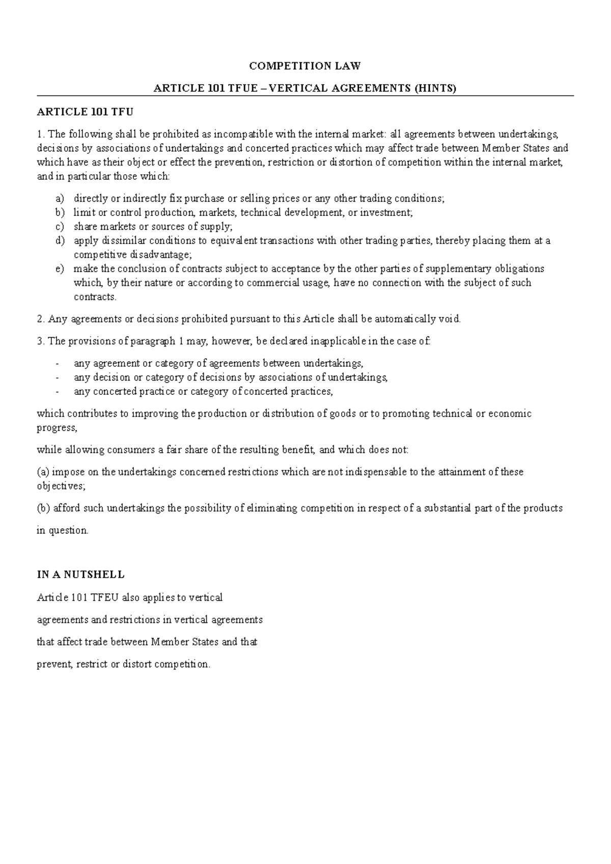 Article 101 TFEU: Vertical Agreements Insights and Hints - Studocu