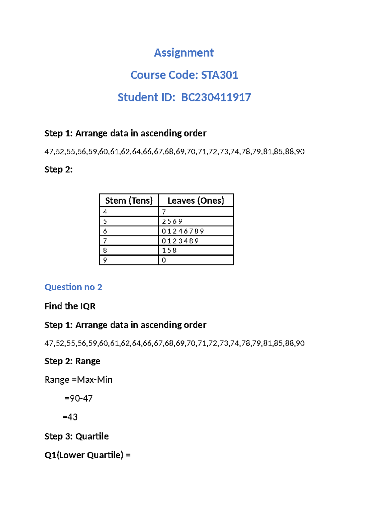 Assignment STA301: Data Analysis and IQR Calculation - Studocu