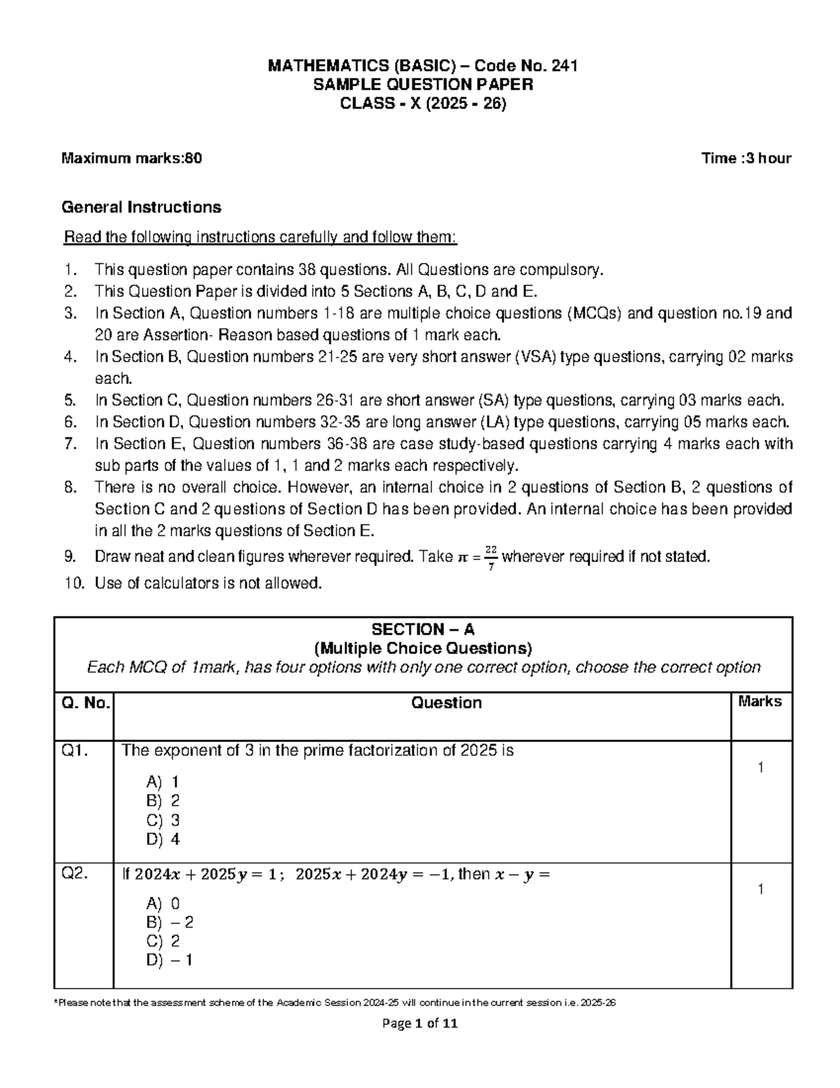 MATHEMATICS (BASIC) Code No. 241 SAMPLE QUESTION PAPER CLASS X (2025-26 ...