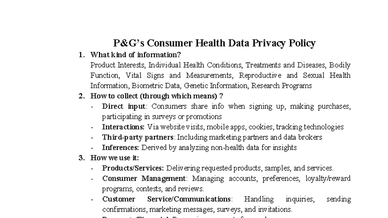 Privacy Policy for P&G: Consumer Health Data Guidelines - Studocu