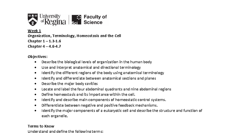 Study Guide: Week 1 - Org., Terminology, Homeostasis & Cell (Ch. 1 & 4 ...