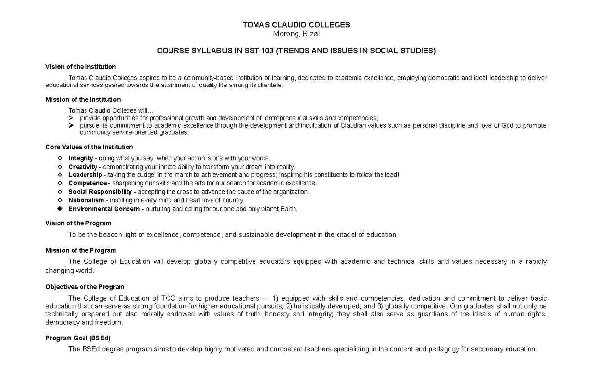 SST 103 Course Syllabus: Trends and Issues in Social Studies (2018 ...