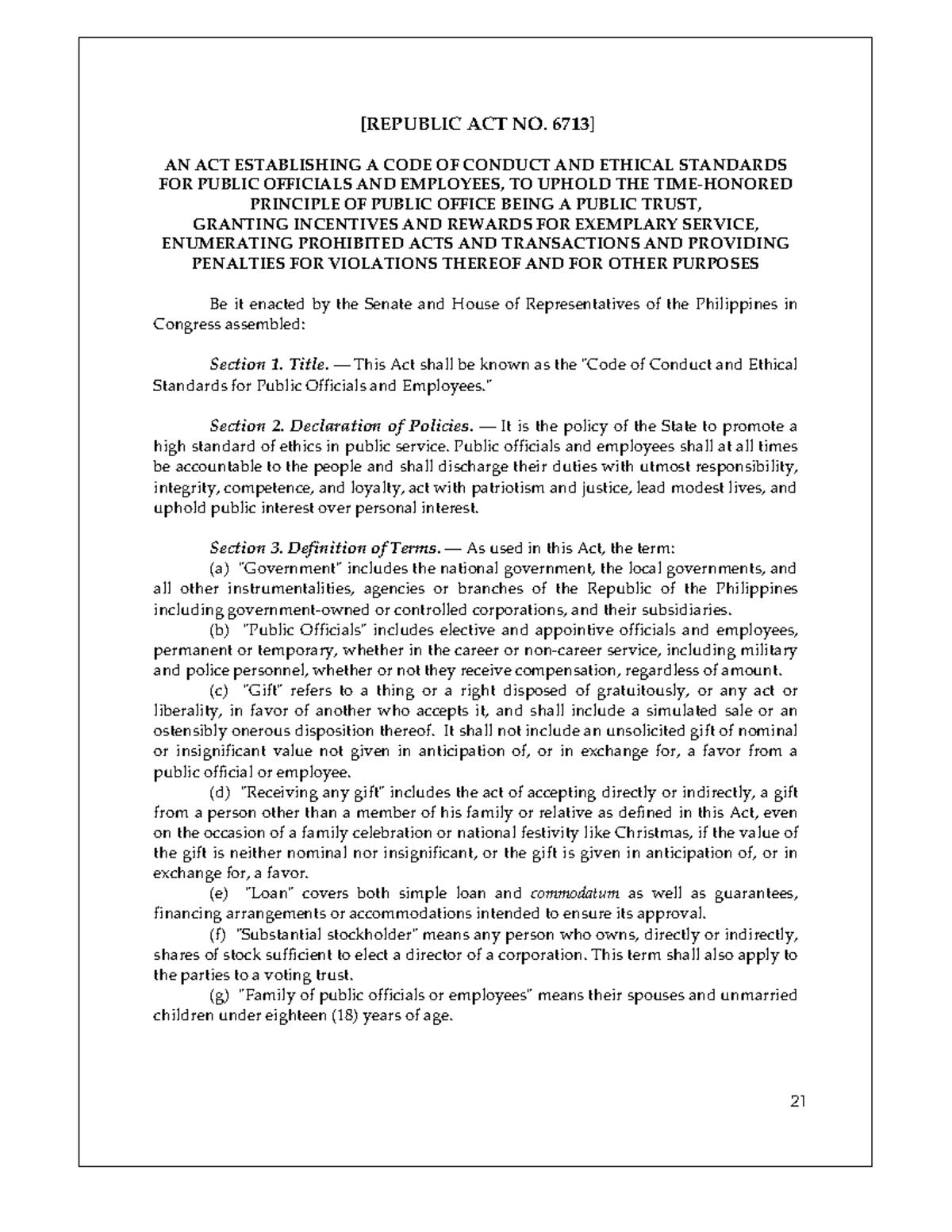 Republic Act No. 6713: Ethical Standards for Public Officials Exam ...