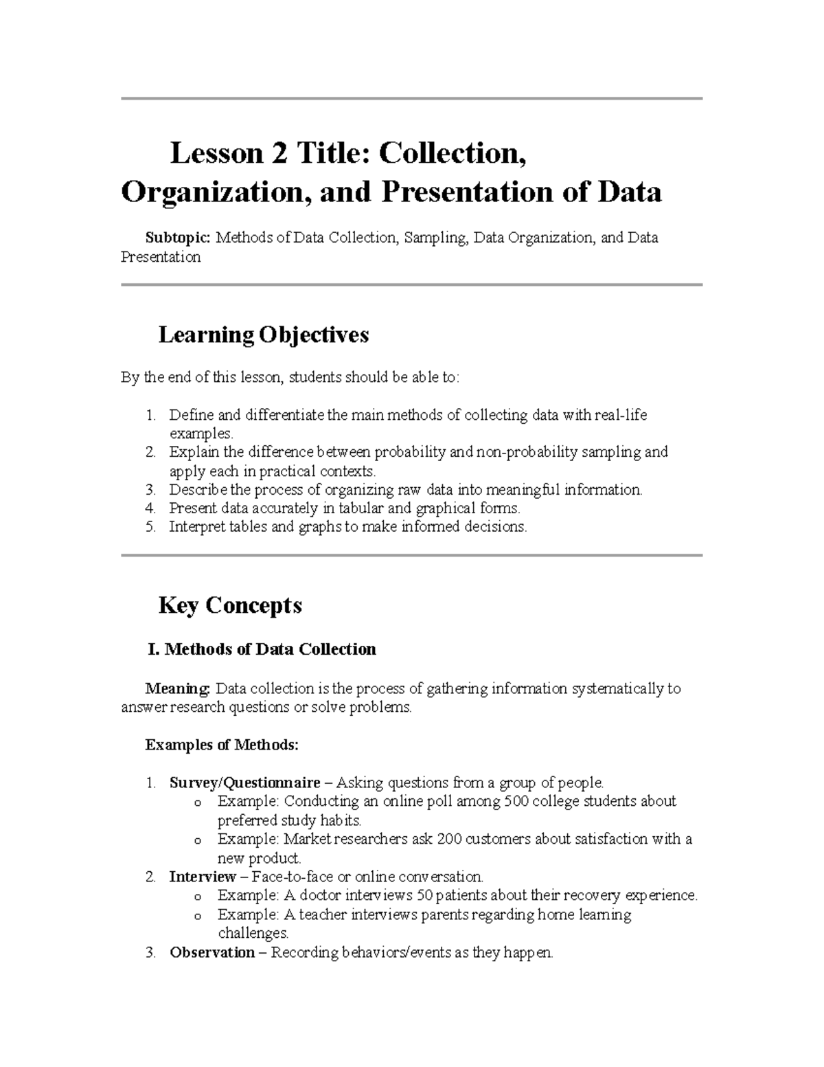 Lesson 2: Data Collection, Organization & Presentation - Stats PE1 - Studocu