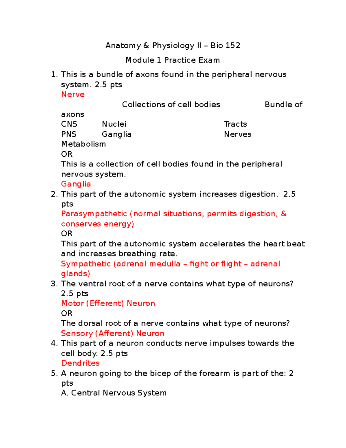 Portage Learning Bio 152 Module 1 Anatomy & Physiology Practice Exam ...