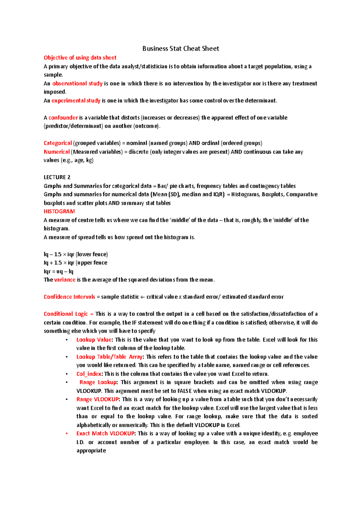 Business Stat Cheat Sheet: Key Concepts and Summary Notes for Analysis ...