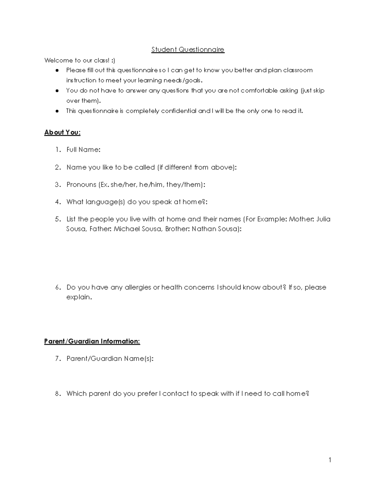 Student Questionnaire for Class Introduction - Studocu