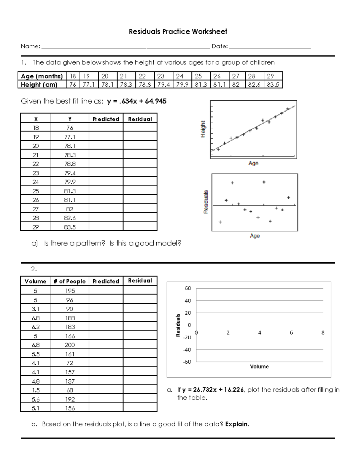 10) Residuals Practice Worksheet with Predictions and Analysis - Studocu