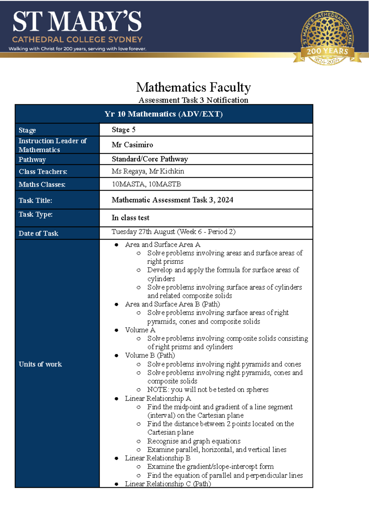 10MASTA & 10MASTB Yr 10 Maths Assessment Task 3 Notification 2024 - Studocu