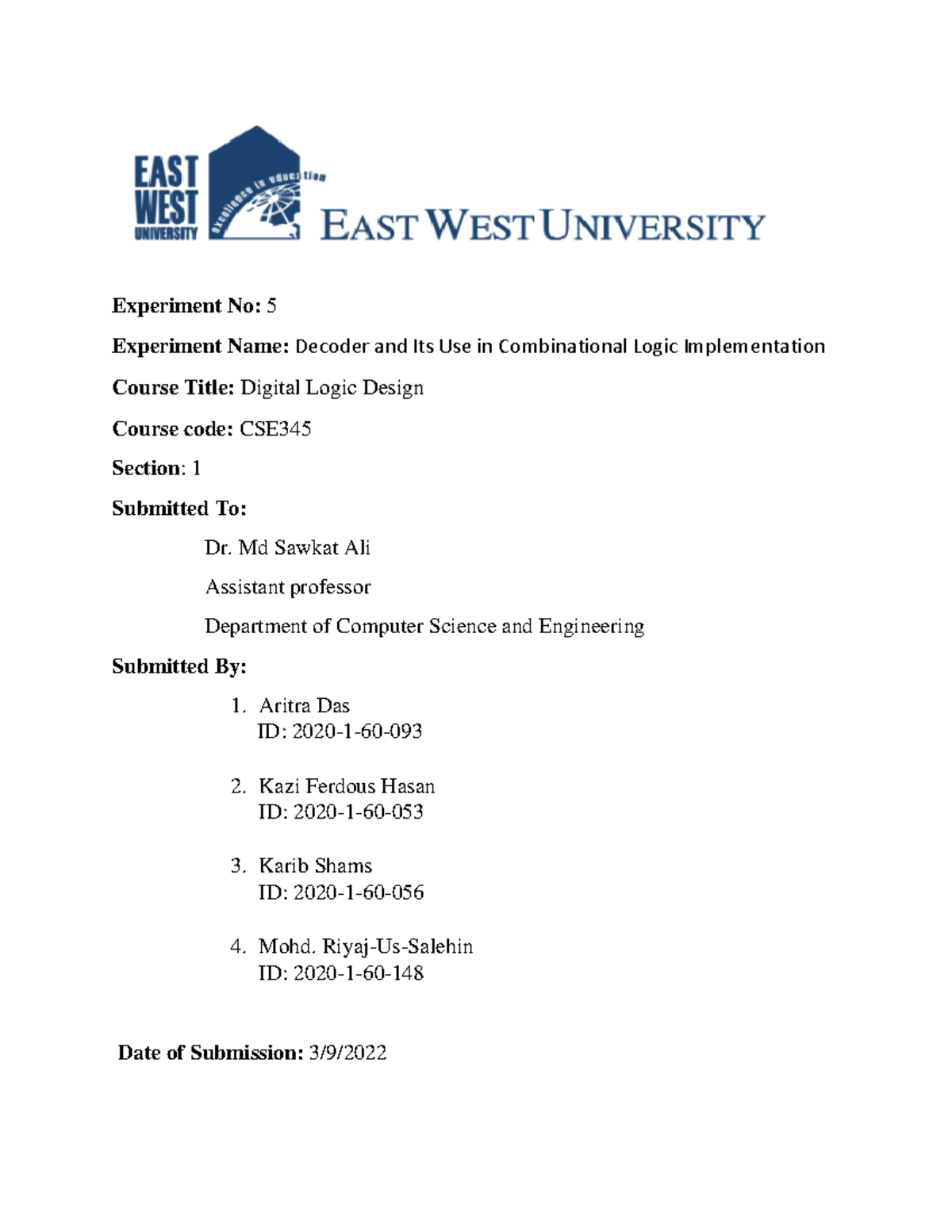 Lab5 - lab 5 - Experiment No: 5 Experiment Name: Decoder and Its Use in Combinational Logic ...