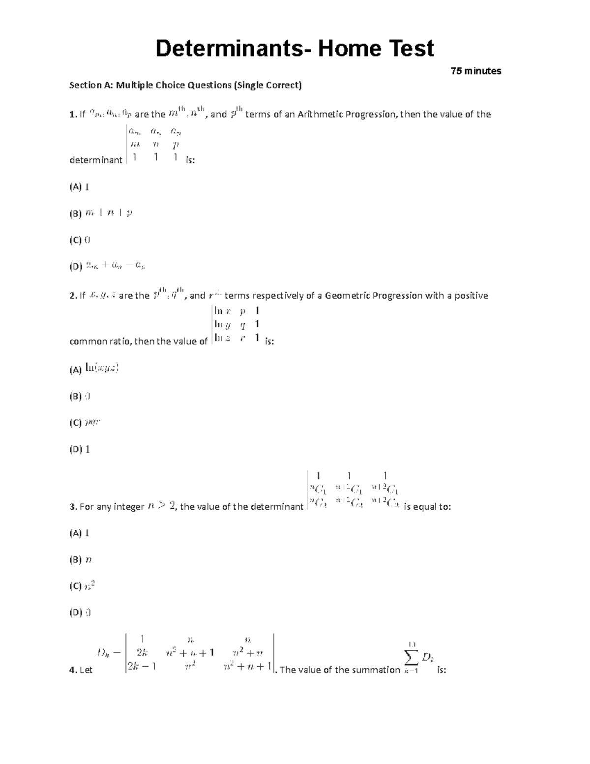 Determinants Home Test (75 min) - Section A: MCQs - Studocu