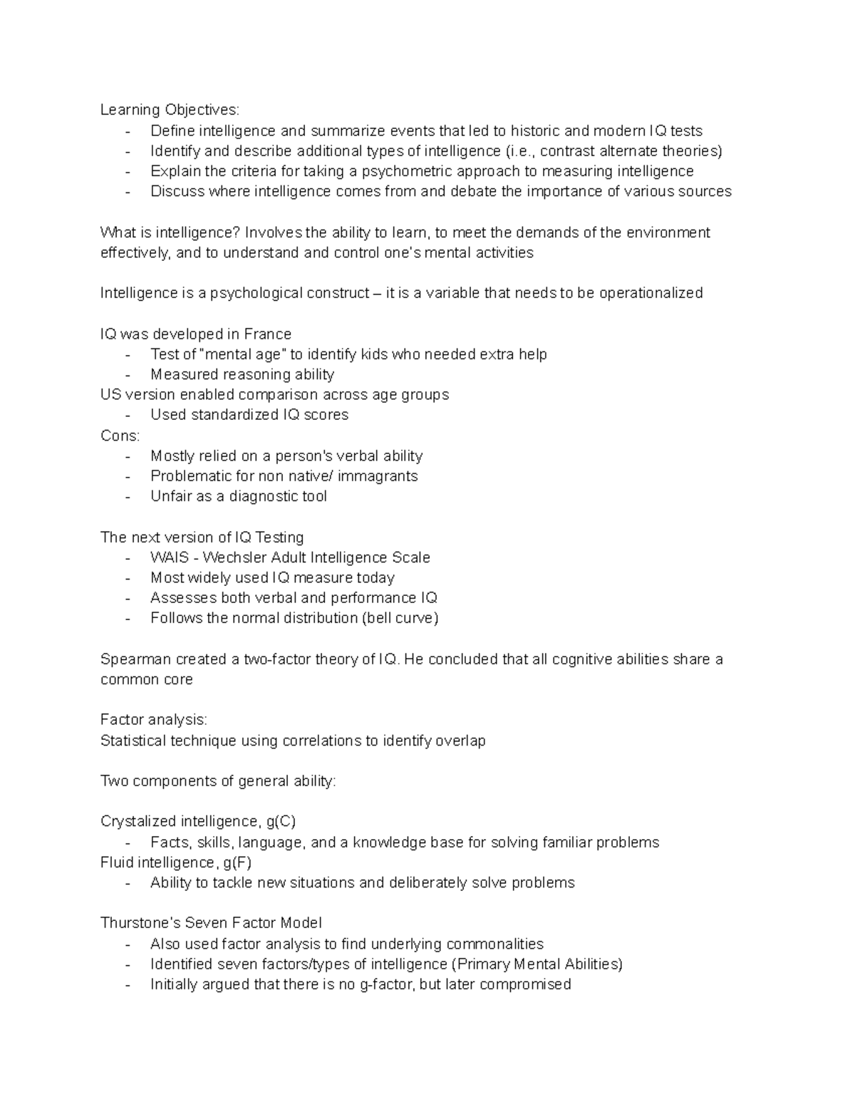 Psych 102 Chapter 10 - Intelligence Theories and Measurement Notes ...