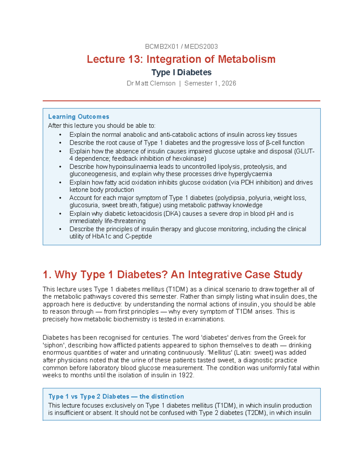 BCMB2X01 MEDS2003 Lecture 13: Metabolic Integration in Type 1 Diabetes ...