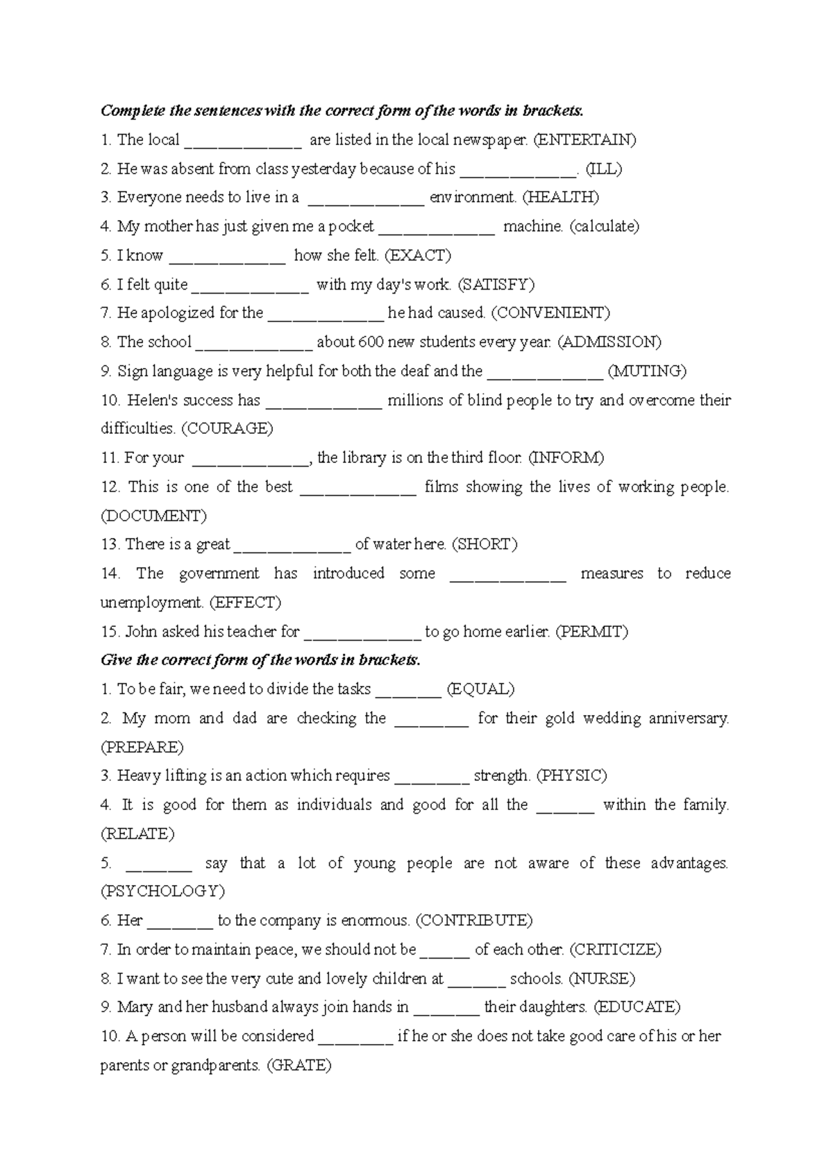 WORD FORM EXERCISES - Complete with Correct Word Forms (ENG 101) - Studocu