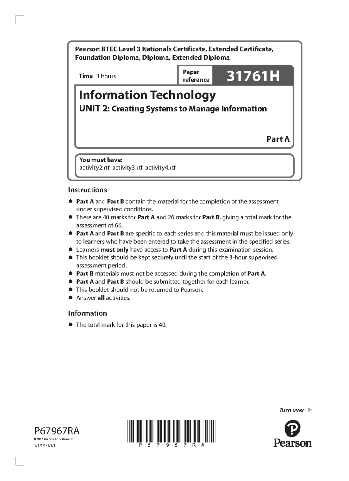 BTEC-31761 H-IT Unit 2 Assessment: Part A & B Guidelines and Marking ...