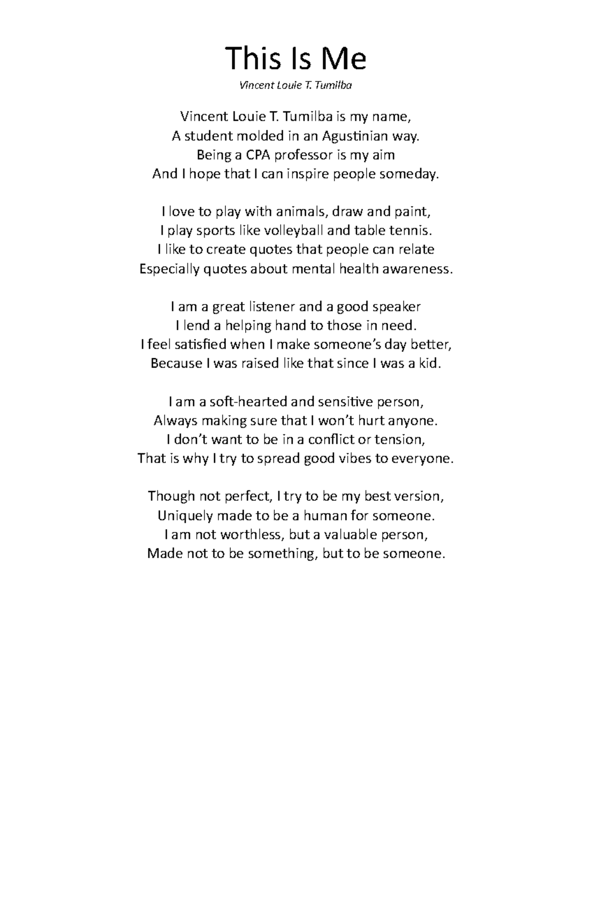 Poem about myself as an introduction - This Is Me Vincent Louie T ...