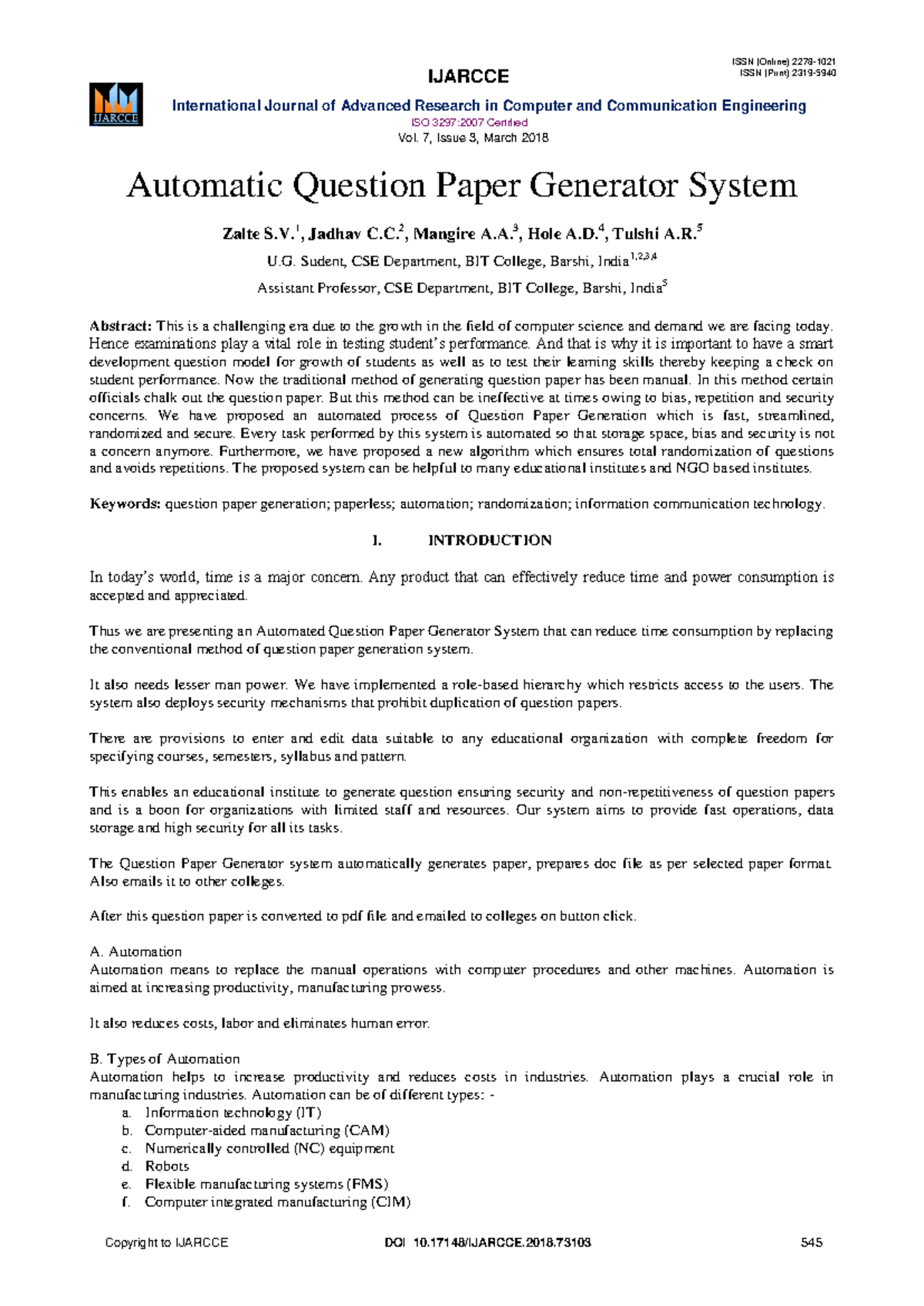 IJARCCE 103 - Automated Question Paper Generator System Overview - Studocu