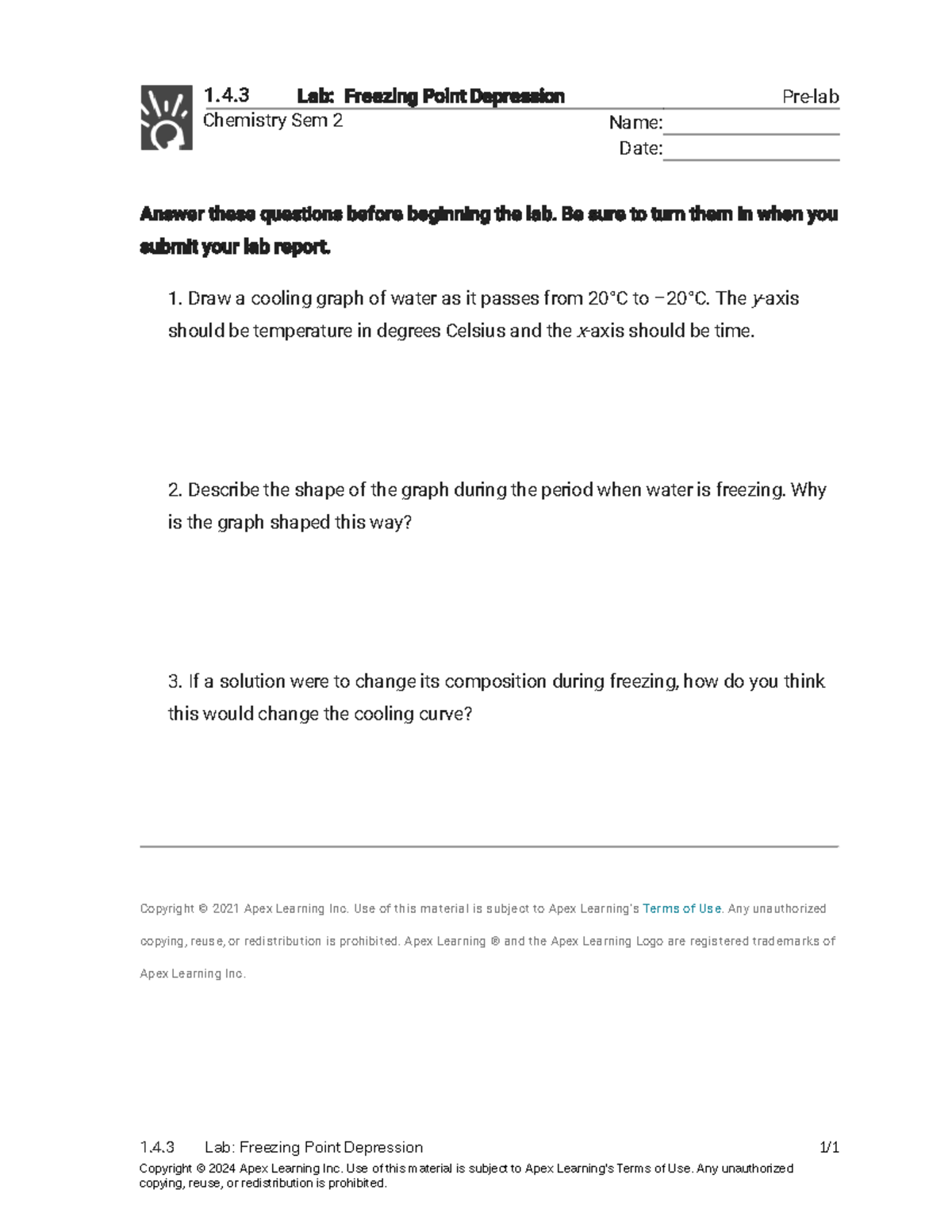 Chemistry Sem 2: Lab 1.4.3 - Pre-lab for Freezing Point Depression ...