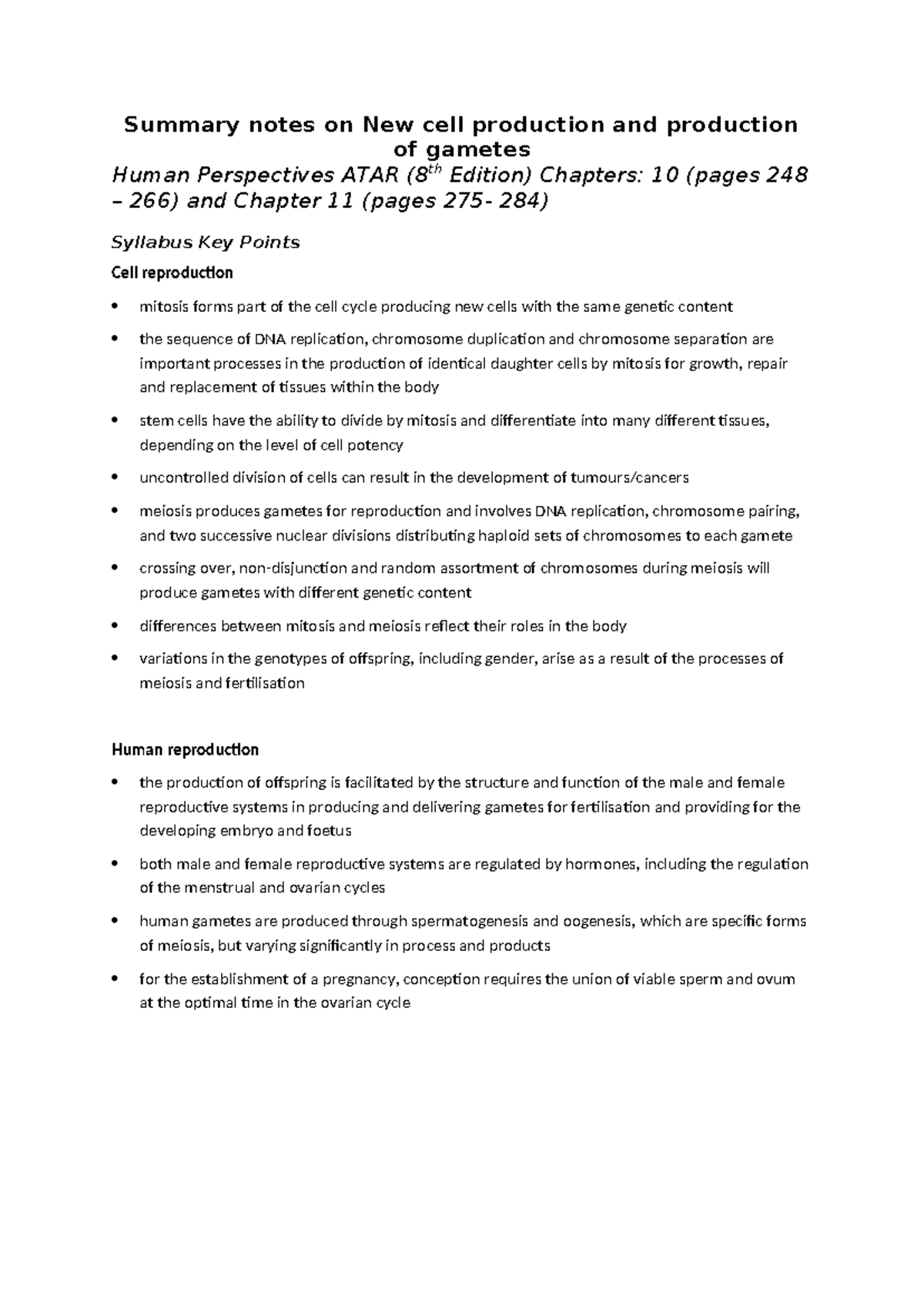 Summary Notes on Cell Production & Gametes: Human Perspectives ATAR ...