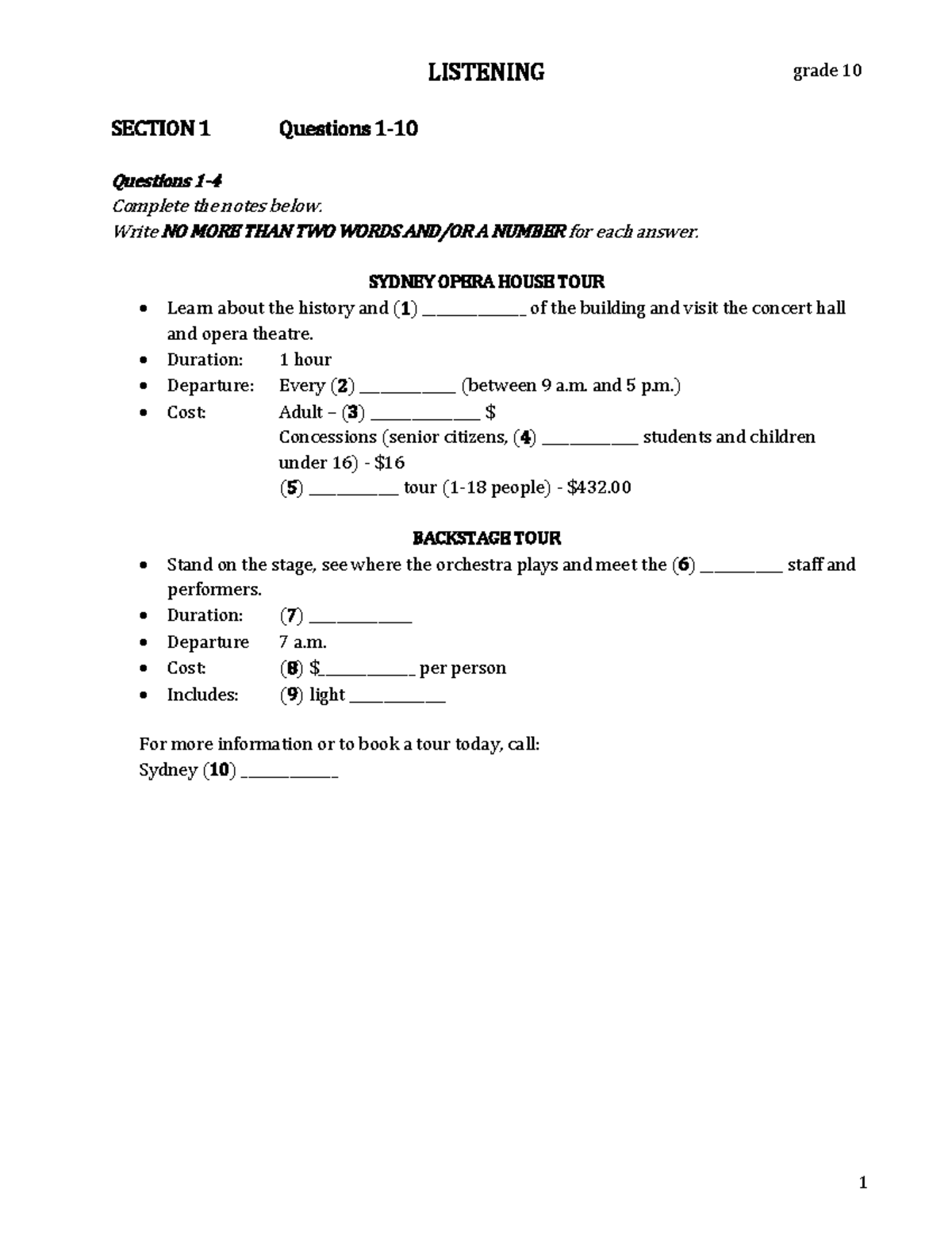 IELTS READING TEST - LISTENING SECTION 1 Questions 1- 10 Questions 1- 4 ...