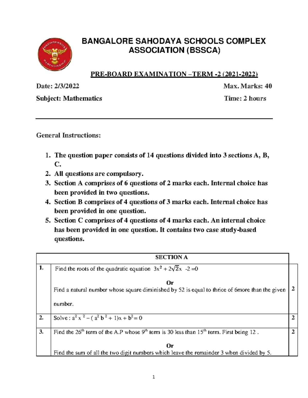 BSSCA Mathematics Exam Paper - Max Marks: 40, Duration: 2 Hours - Studocu