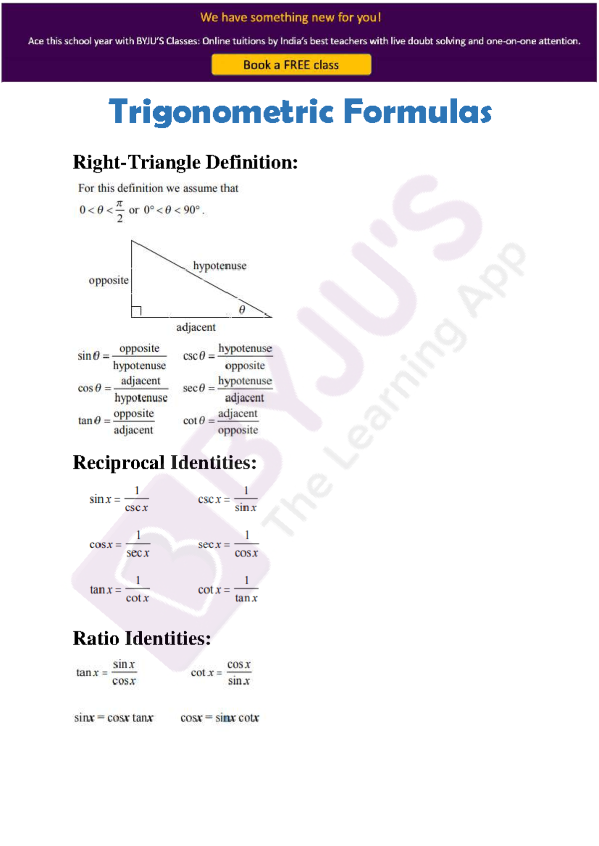 Trignometric-Formulas - Trigonometric Formulas Right-Triangle ...